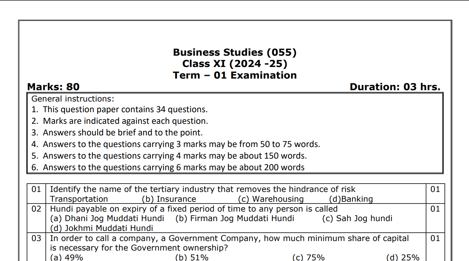 Business Studies (054) Class-11 CBSE Question Paper With Answer Key ...