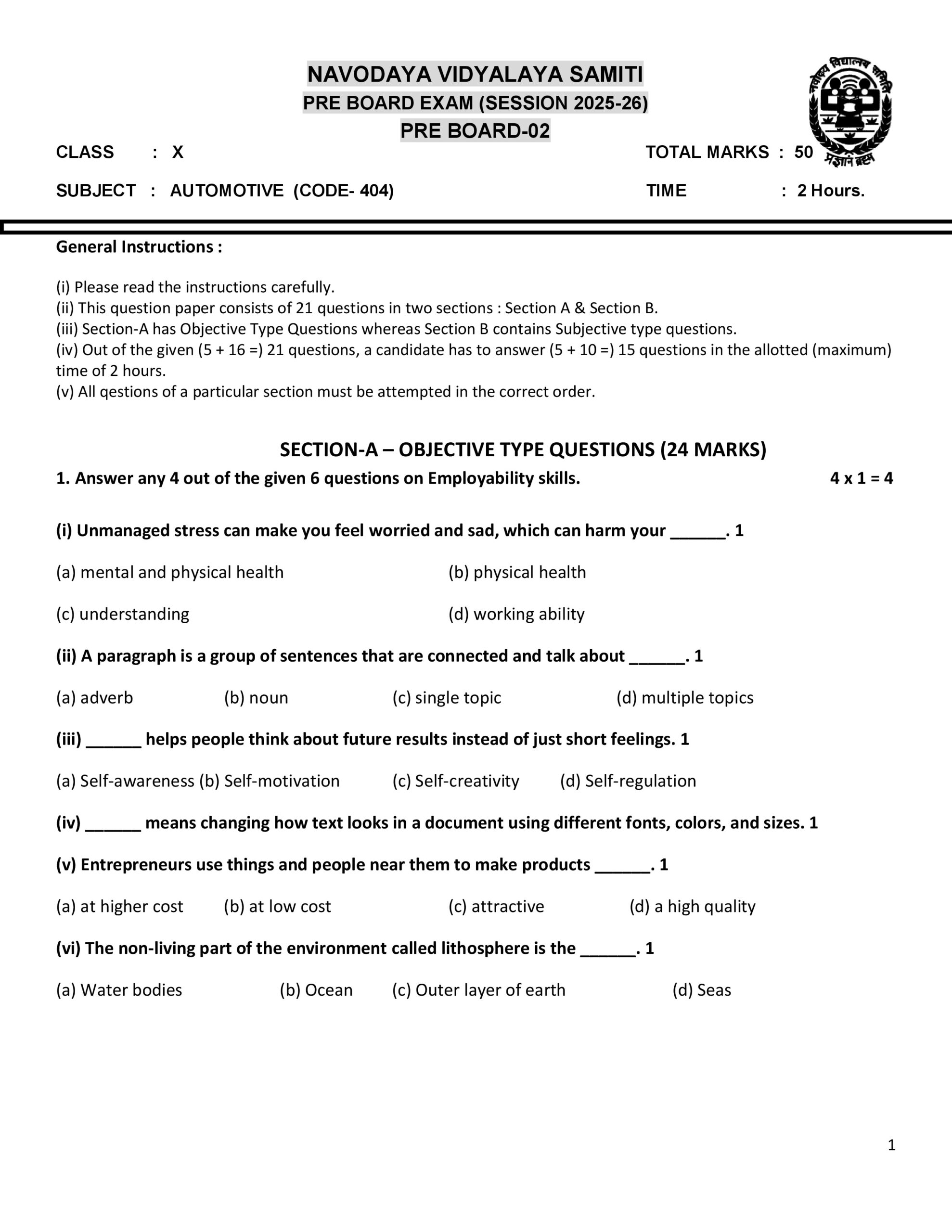 Automotive sample papers for Class 10 (Subject Code 404 ...
